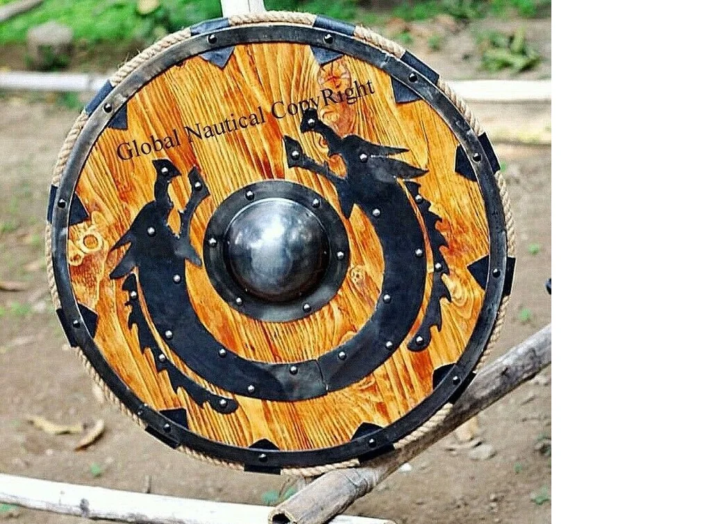 Medieval Heavy Battle Ready Rope Design Wooden Shield Steel Dragon ...