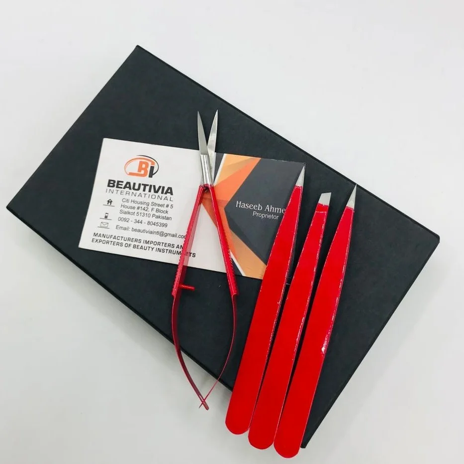 Red Color Coated Stainless Steel Eyebrow Tweezers Scissor Set Brow ...