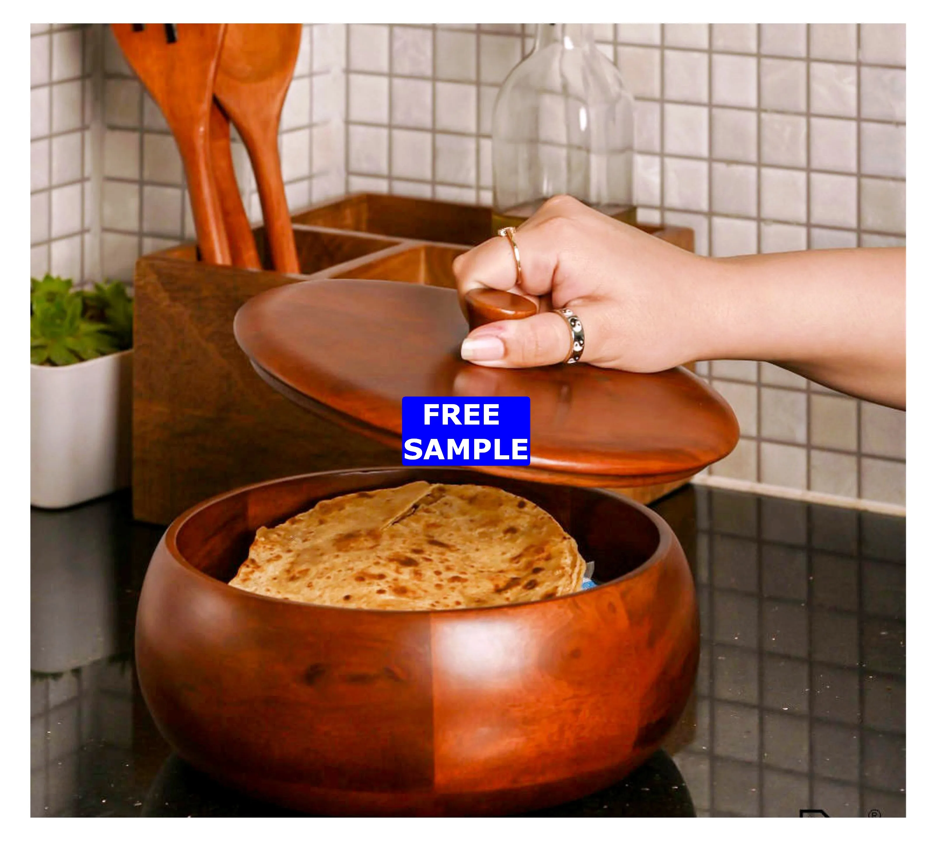 Acacia Wooden Hot Pot Roti Dabba With Lid Roti Storage Server Indian ...