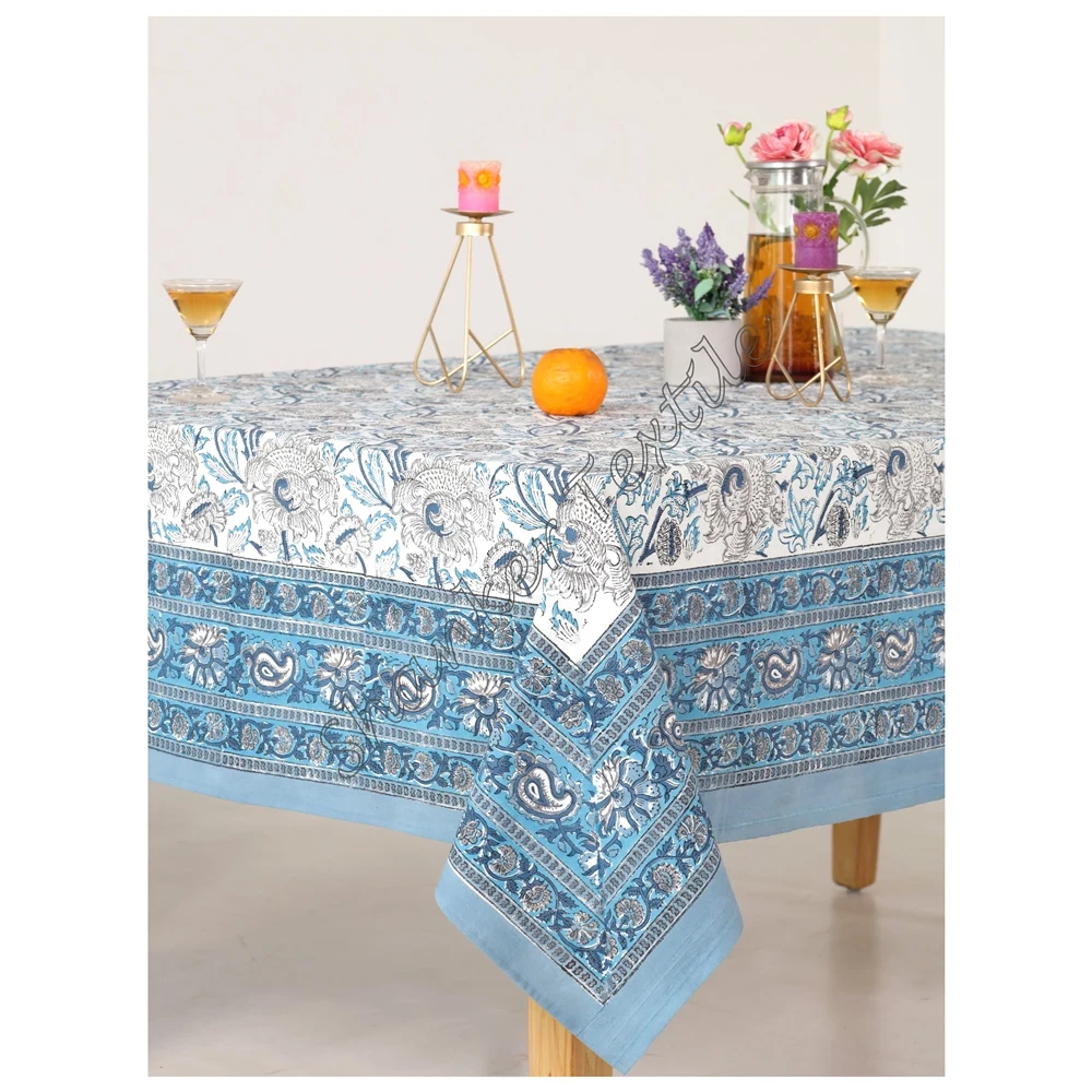 Elena Blue And Beige Color Table Cloth- Indian Handcrafted Cotton Table ...
