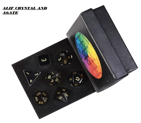 Hand Carved Gemstone Natural Obsidian Black Agate Dnd Dice Set