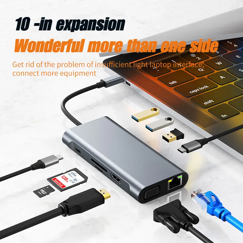 10 In 1 Usb Type C Adapter Hub Dock With 3 Usb 3.0 Port Hdmi Vga 100m ...