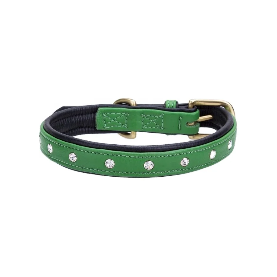 Superior Quality Green Leather Dog Collar With Soft Padded & Crystals ...