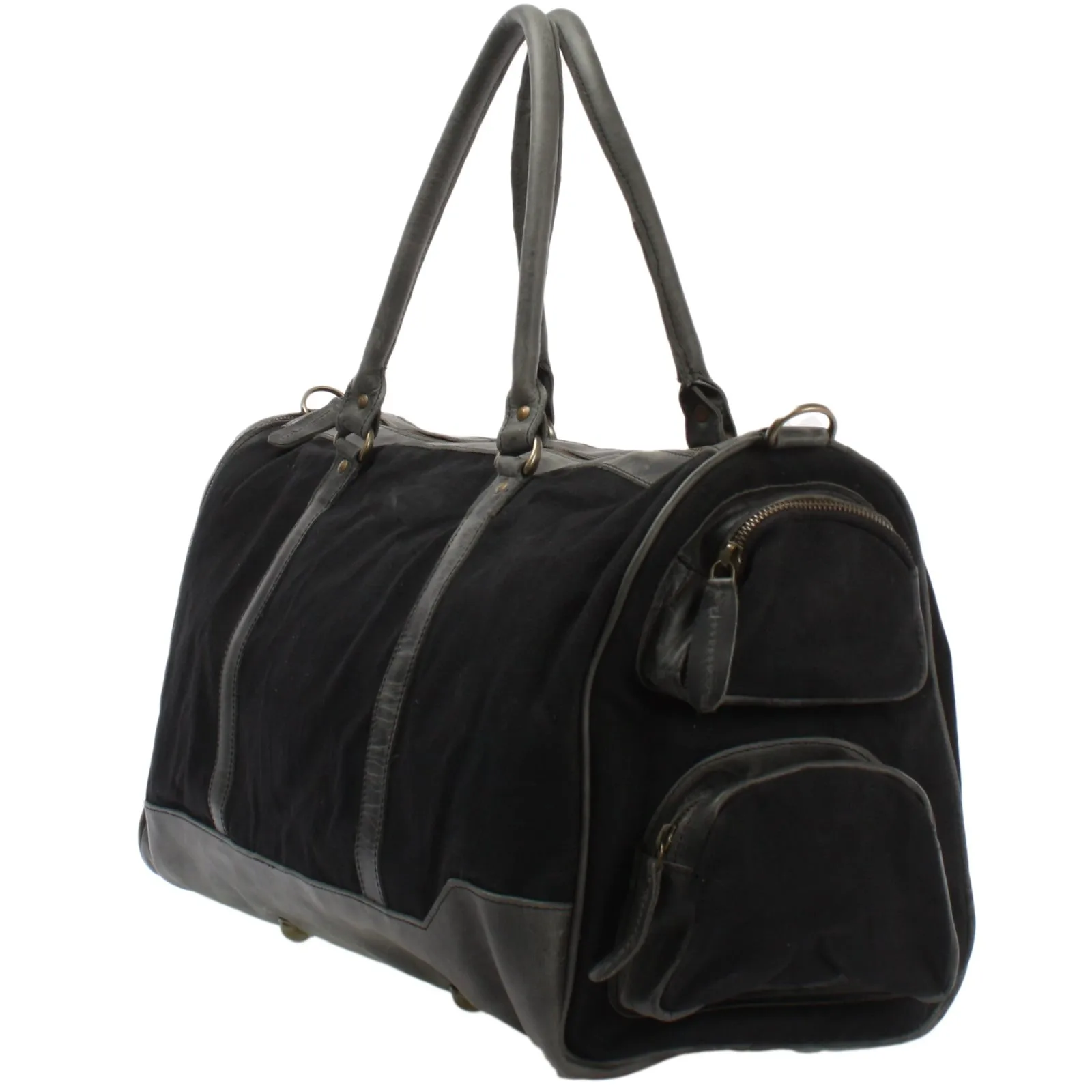 Classic Black Canvas Travel Duffle Bag With Soft Cowhide Leather And ...