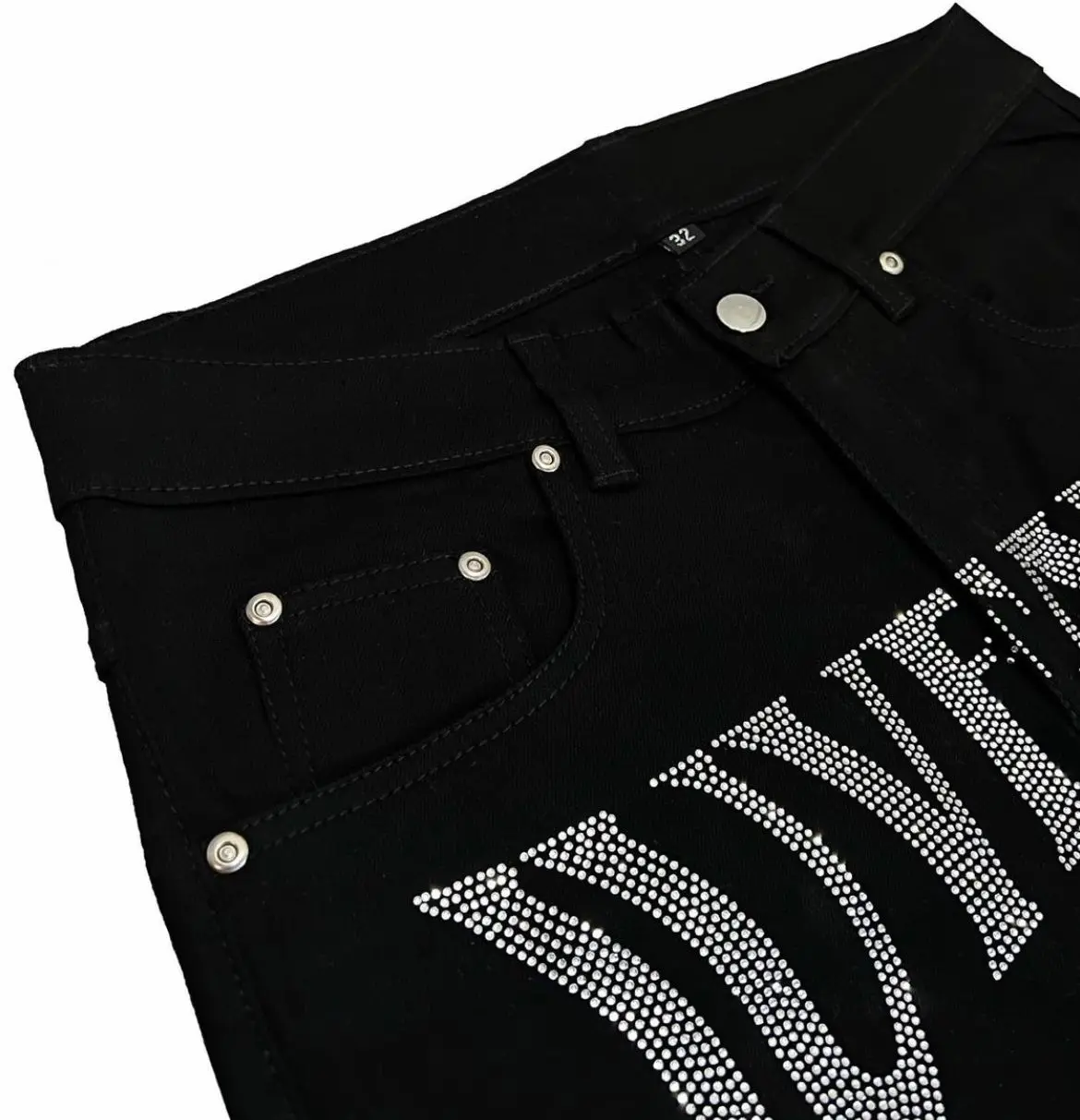 New Rhinestone Men's Biker Jeans Letter Loose Black Wide Leg White ...