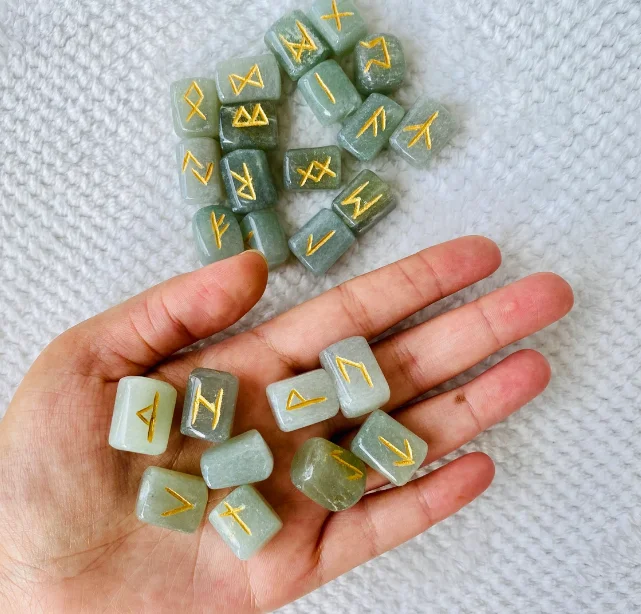 Green Aventurine Rune Sets Healing Crystals 25 Pieces Engraved Tumbled ...