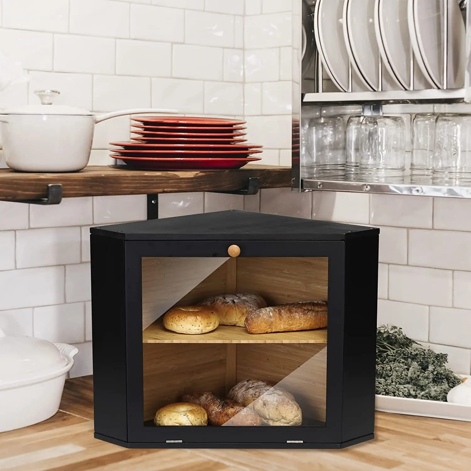 Large Capacity Double-Layer Bamboo Corner Bread Box Classic Design ...