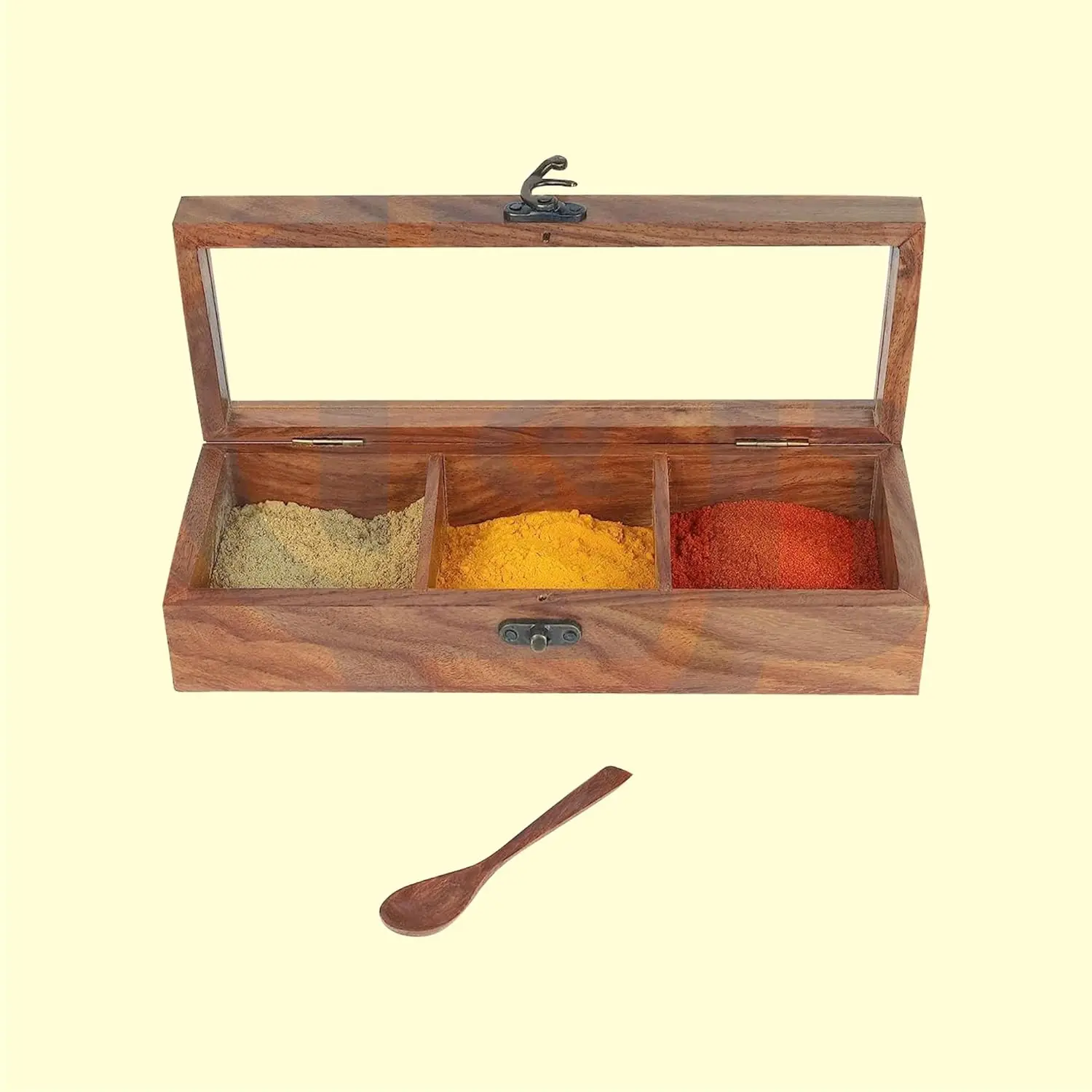 Wooden Spice Box Handcrafted Nautral Polish 3 Partition With Spoon Use ...