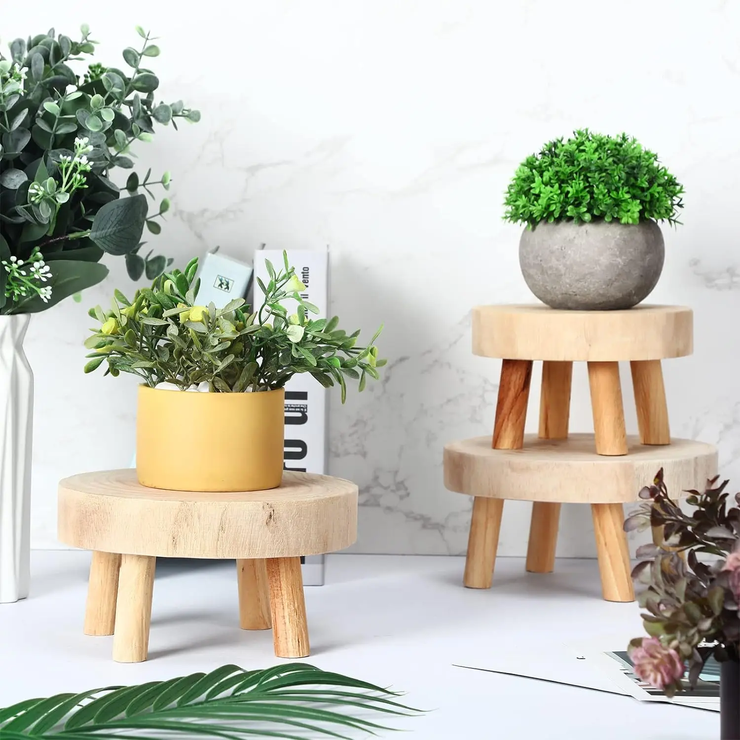 4 Pack Wooden Plant Stool - Mini Wood Stool Display Stand