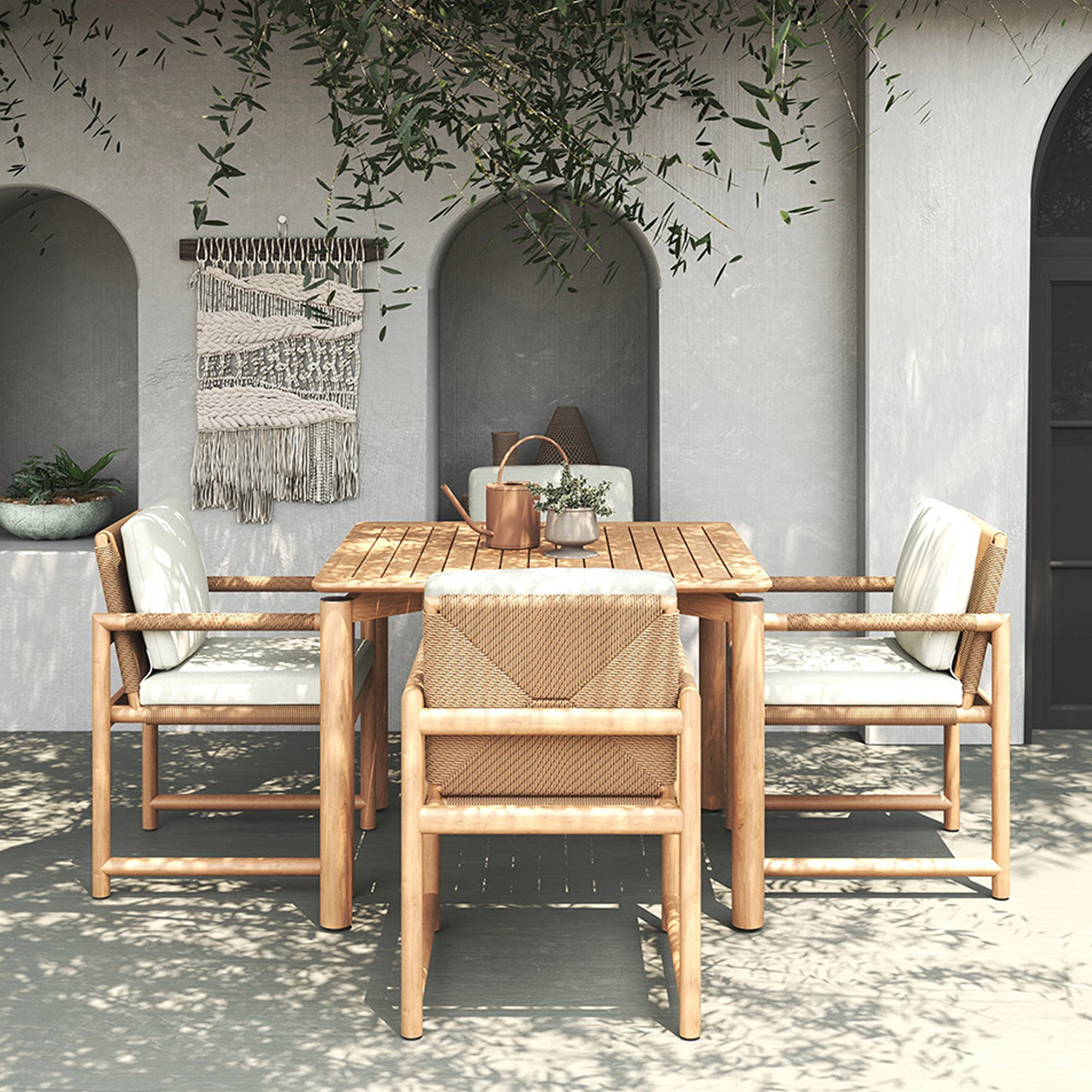 Outdoor Patio Square Dining Set - Teak & Rattan - Kanaka