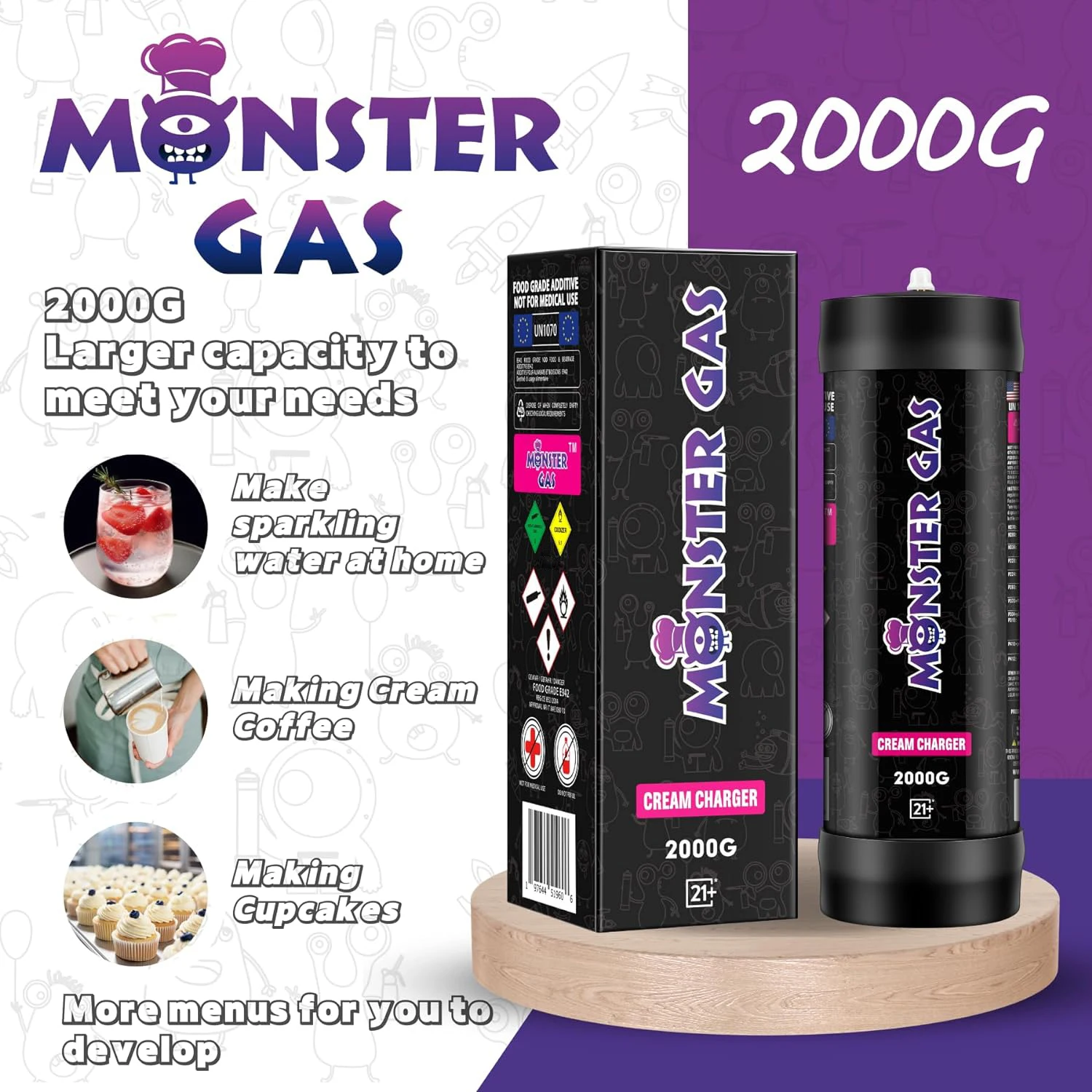 Monster Gas 3.3 Liter 2000g Cream Charger 2000g Canned Pressure Cream ...