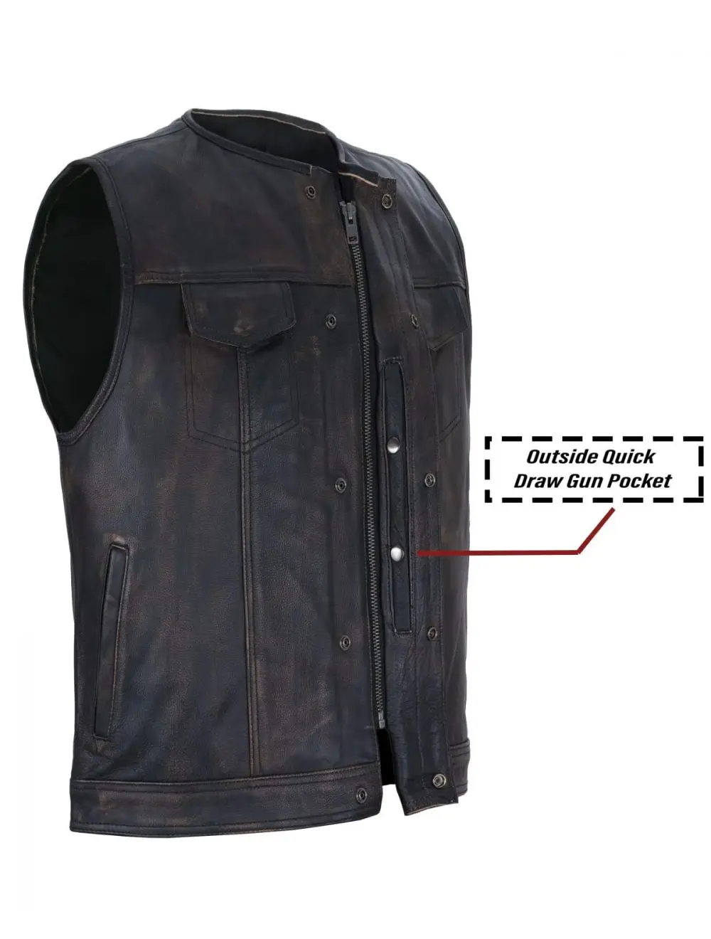 Mens Distressed Brown Club Leather Vest Black Liner Zipper & Snaps ...