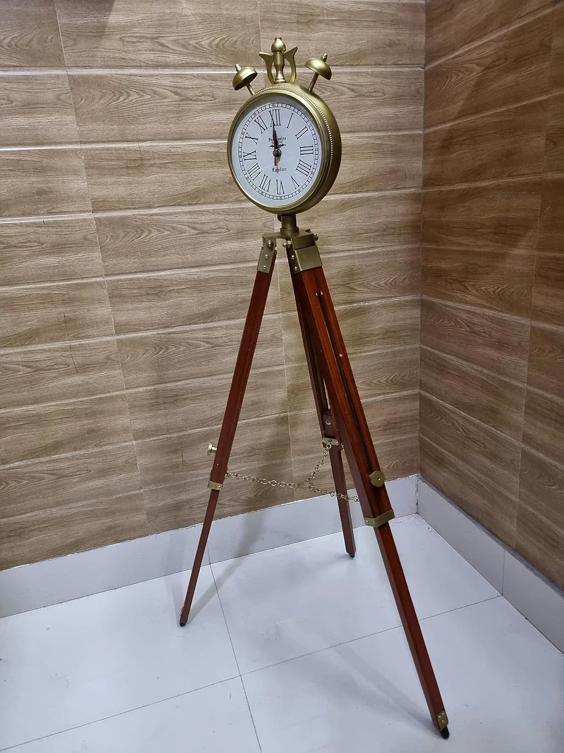 Wooden And Brass Antique Metal Tripod Floor Clock With Stand Two Bell ...