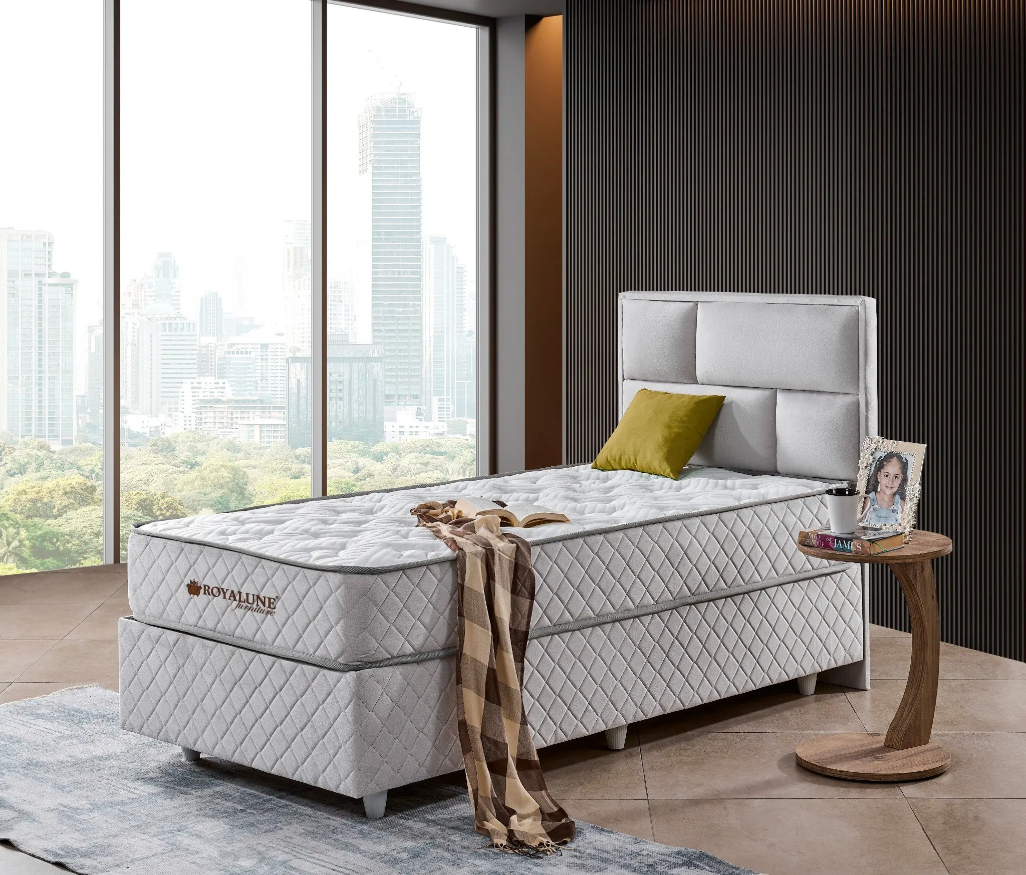 Royalune Furniture Modern Seren Bed Base Mattress Headboard Set ...