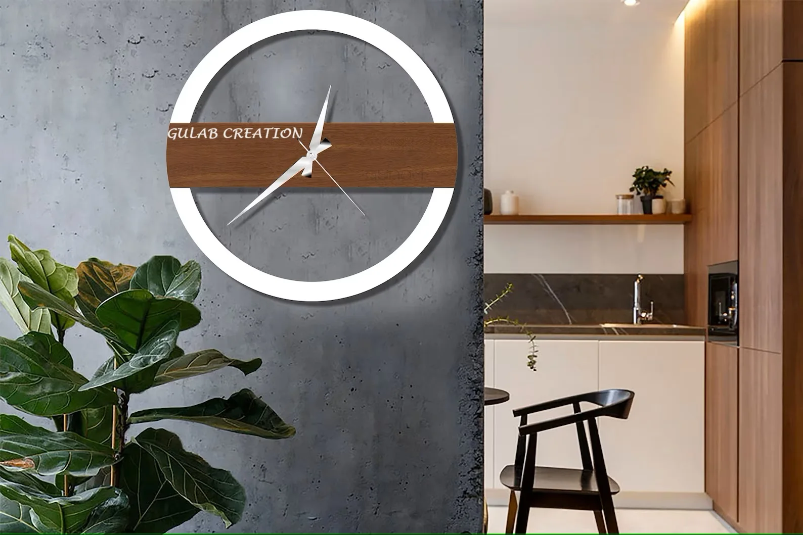 Modern Round Wall Clock with Black Frame and Wooden Center Stripe Design for Home, Office, and ...