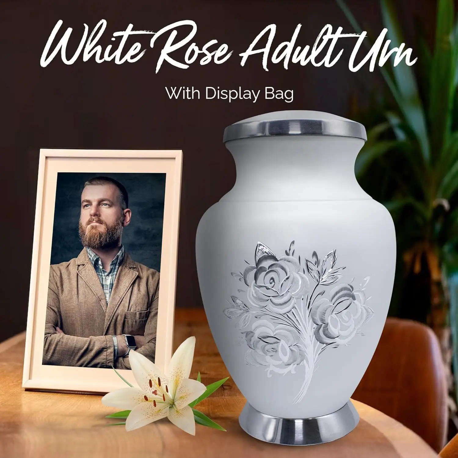 White Rose Urn - Large Cremation Urn For Human Ashes With Premium Bag ...