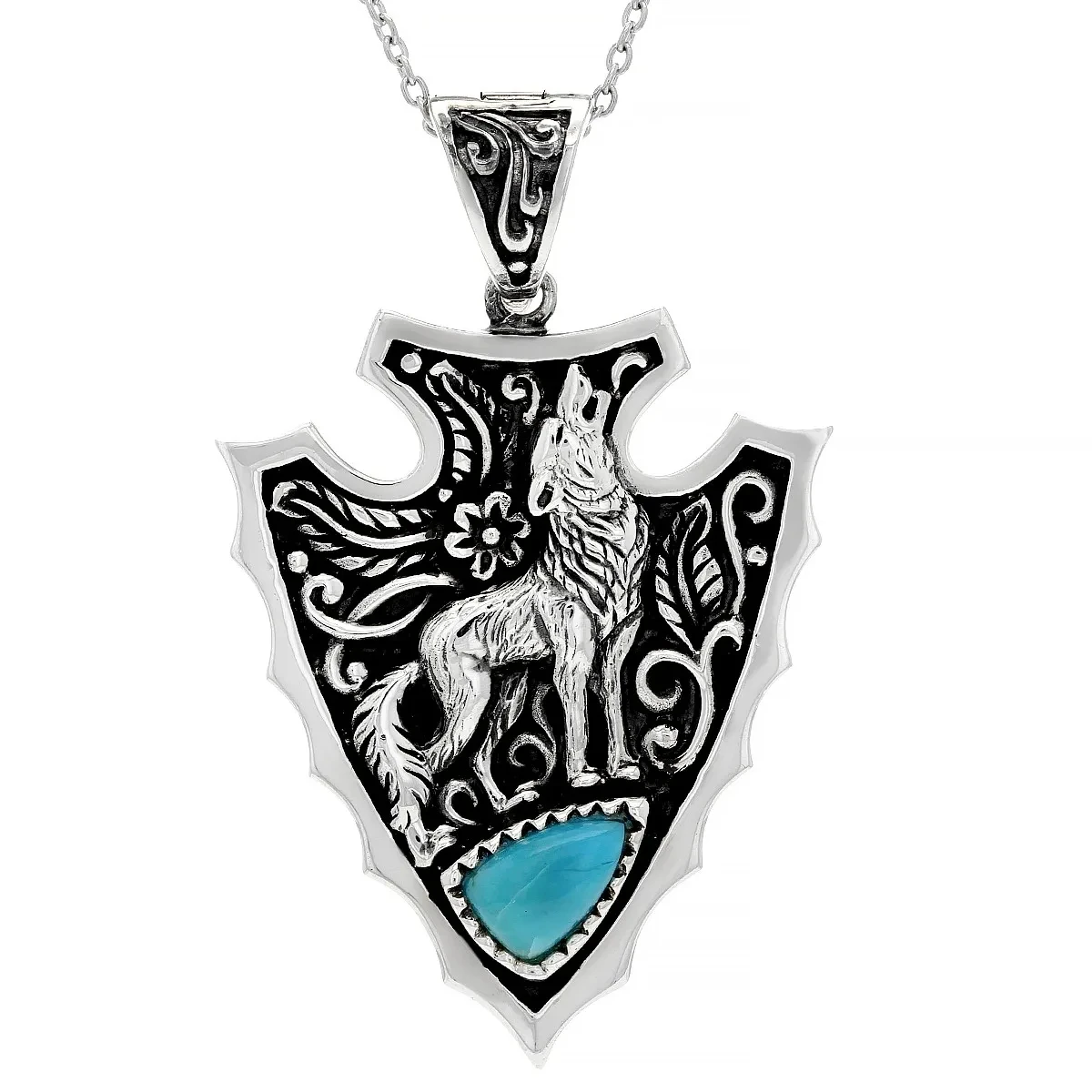 Mens Turquoise Wolf Arrowhead Enhancer: Rhodium Over Silver,20" Chain,A ...