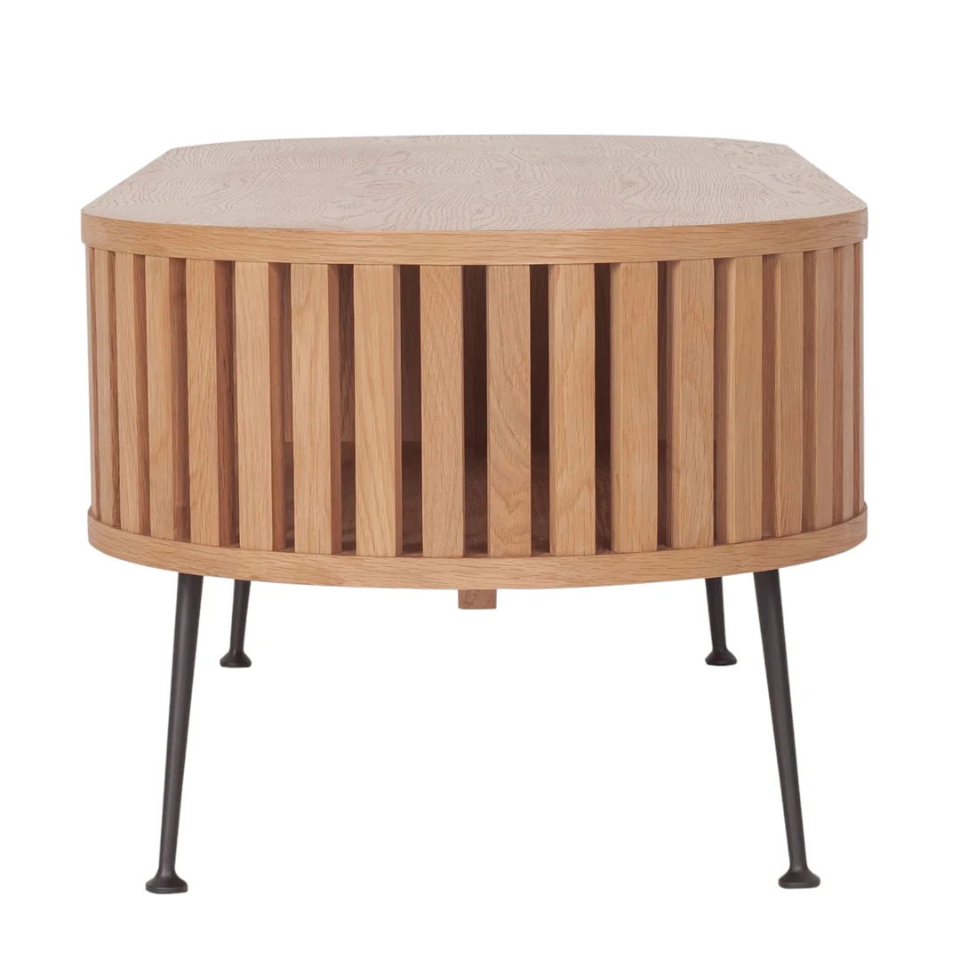 Teak Solid Wood Coffee Table Oval Shaped Top Table Slatted Design With ...