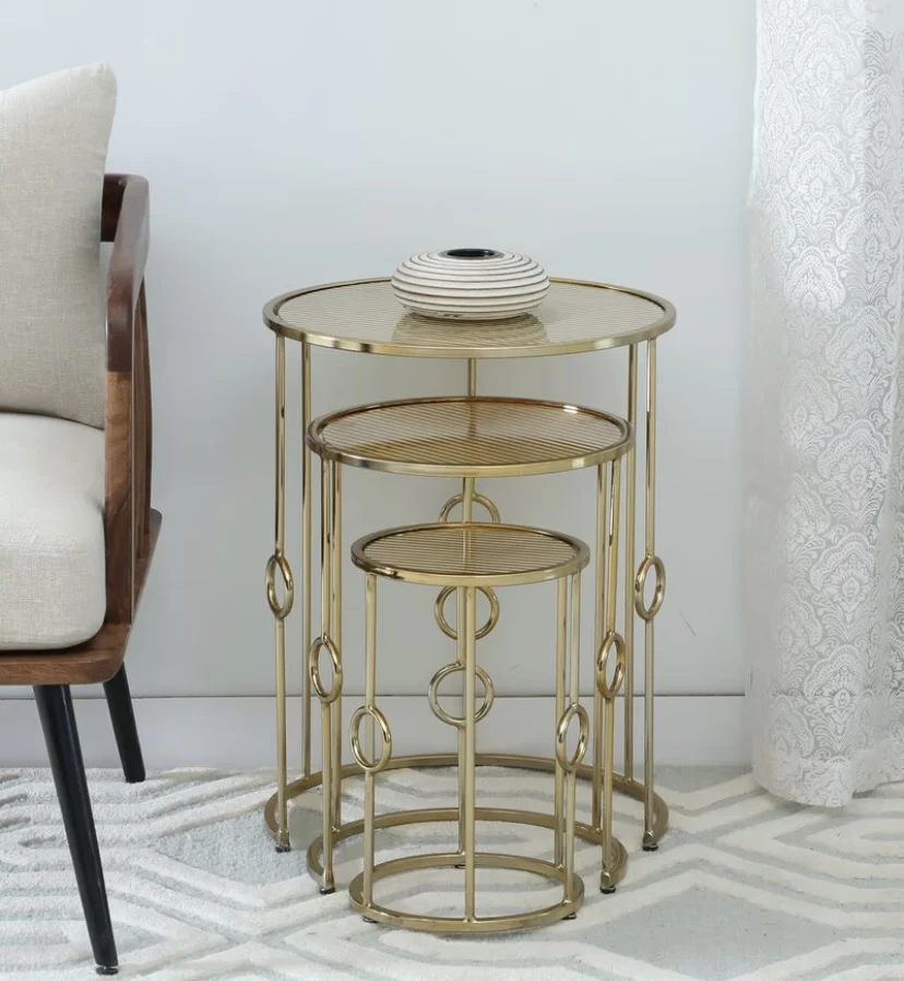 Modern Gold Finish Metal Nest Table Iron And Glass Set For Dining Hall ...