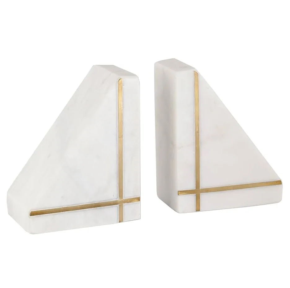 Tabletop Bookends,White Marble L-shaped Desktop Book Holders With Brass ...