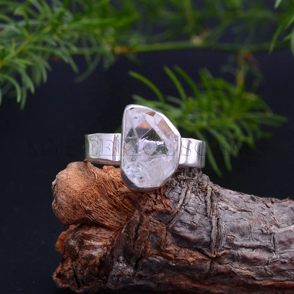 Natural Herkimer Gemstone Ring 925 Sterling Silver Diamond Crystal Rough Shape Big Silver Band ...