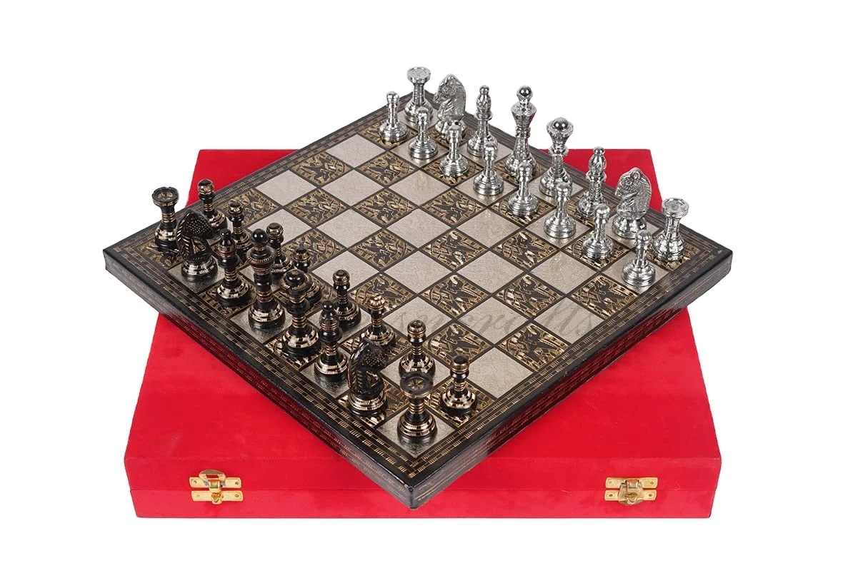 Luxury 12x12 Inch Brass Chess Set with Velvet Storage Box