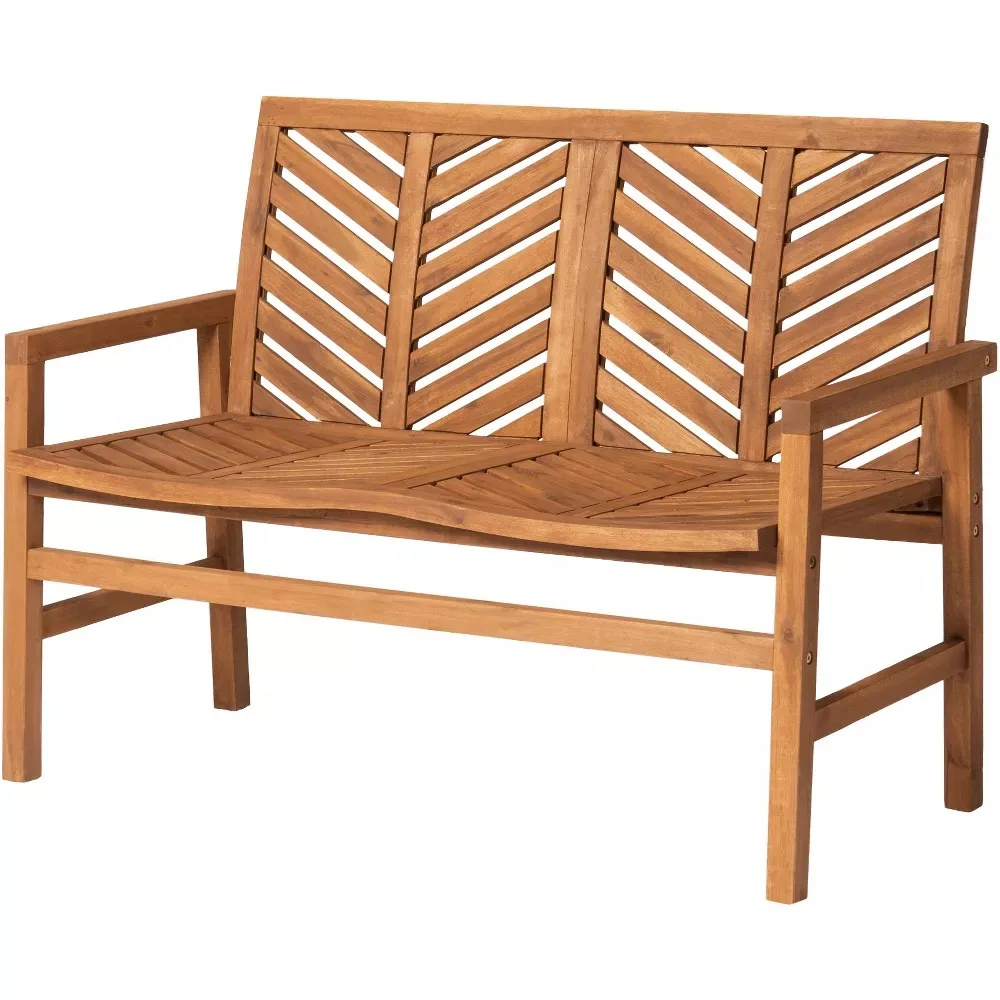 Modern Slatted Chevron Teak Wood Patio Loveseat Bench