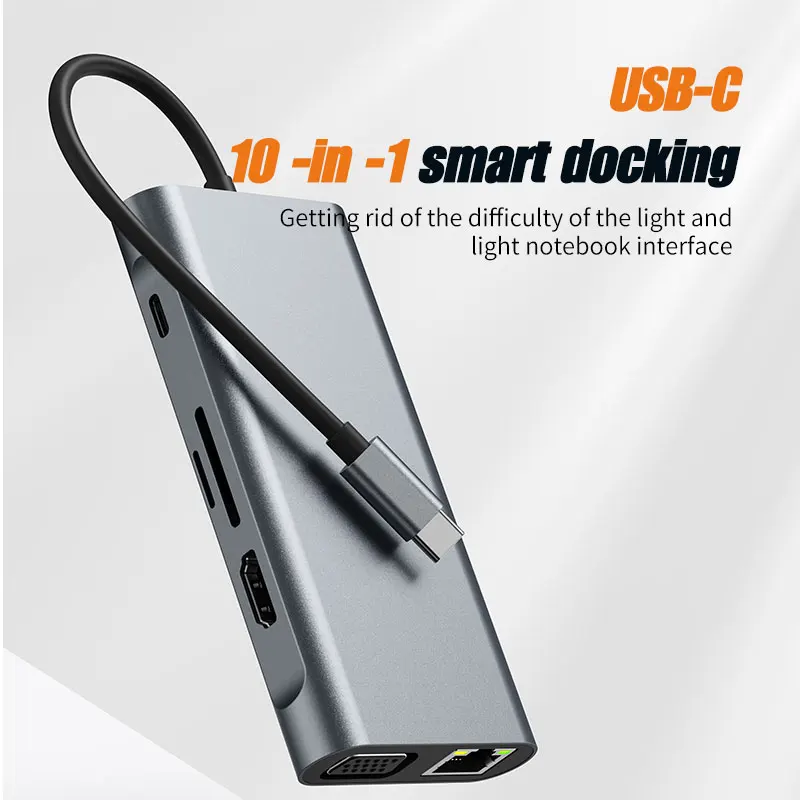 10 In 1 Usb Type C Adapter Hub Dock With 3 Usb 3.0 Port Hdmi Vga 100m ...