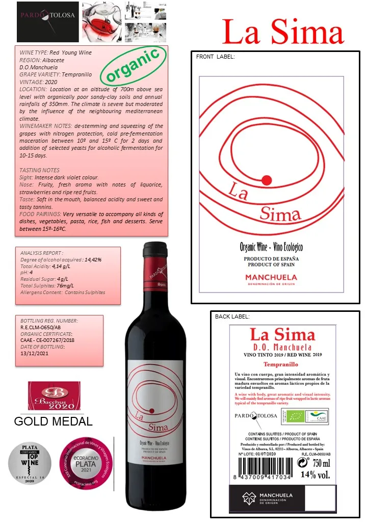 Quality Organic Spanish Red Wine Tempranillo Grape La Sima Denomination ...