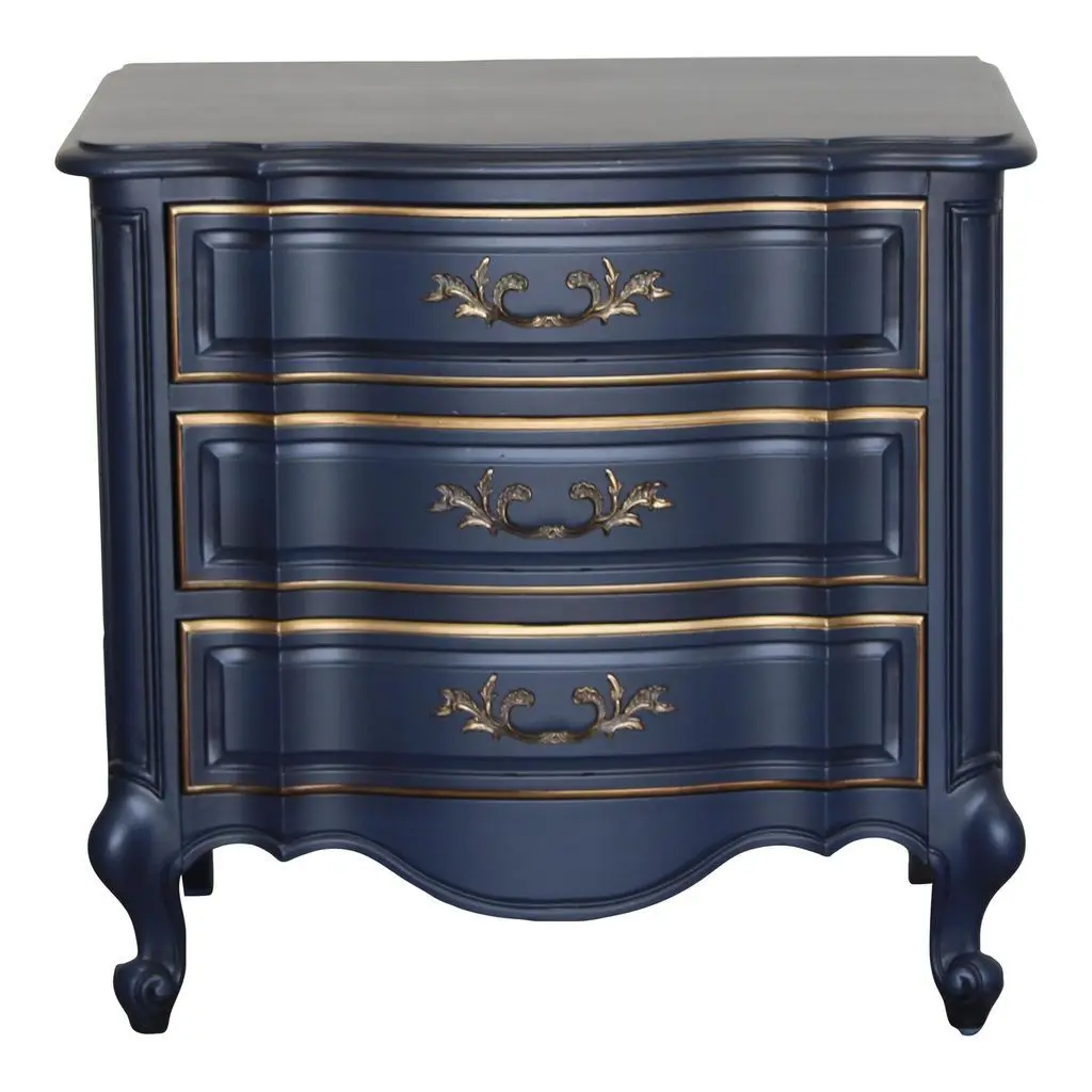 Classic French Style Navy Blue Bedside Table with Gold Accents Hand ...