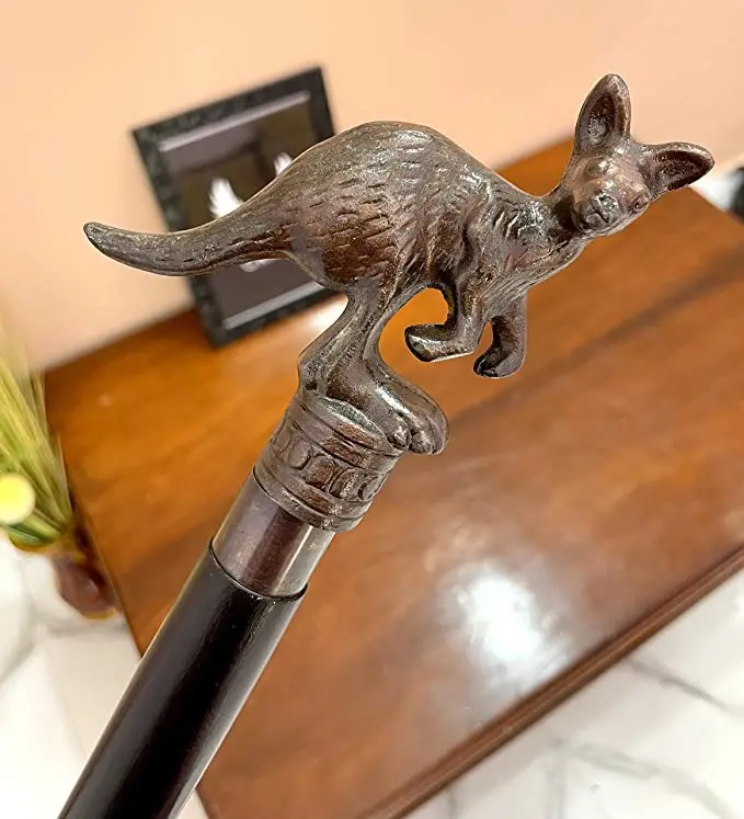 Antique Aluminum Kangaroo Head Handel Wooden Walking Stick Gift 3 Fold ...