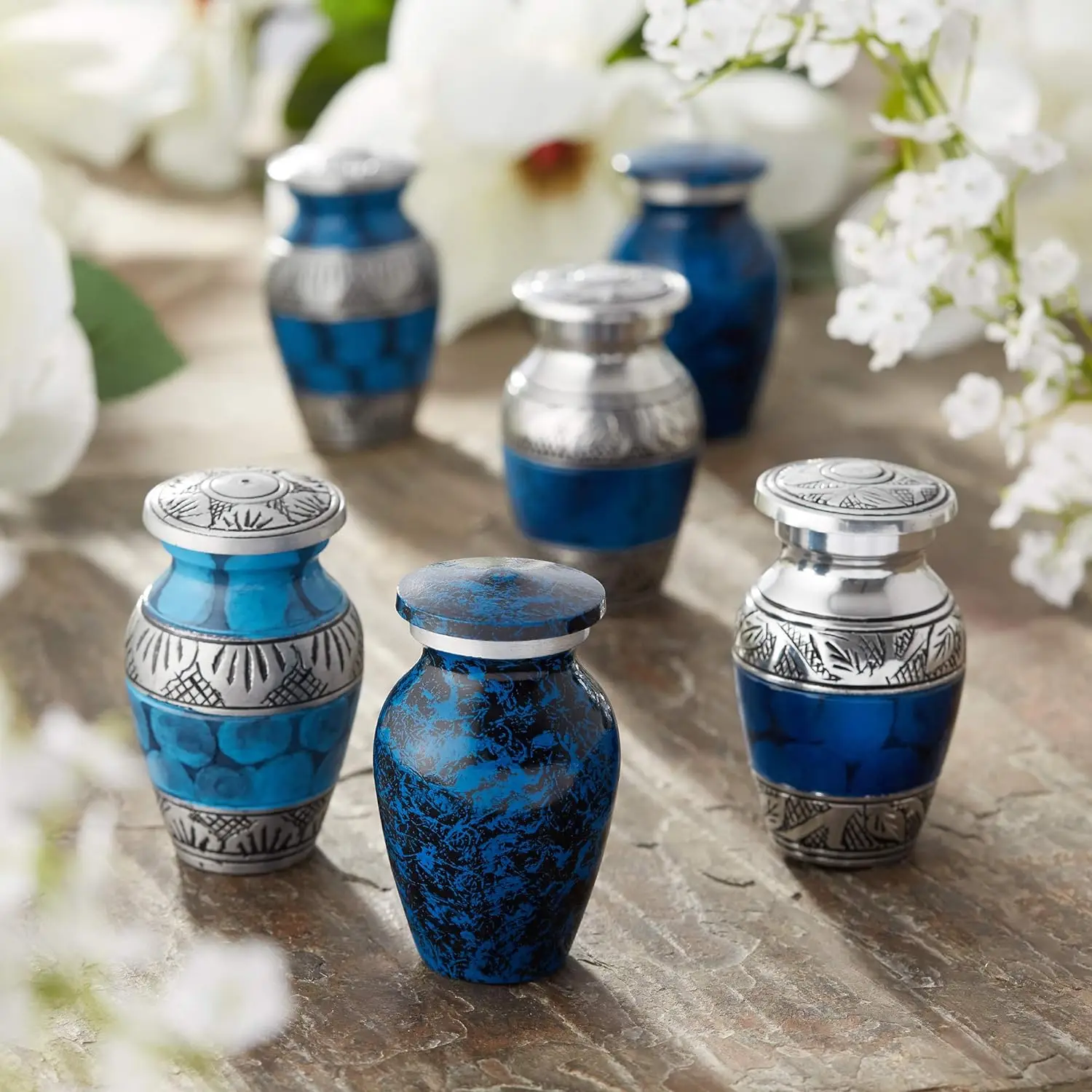 Small Cremation Urns For Human Ashes Mini Keepsake Set Of 6 Blue And ...