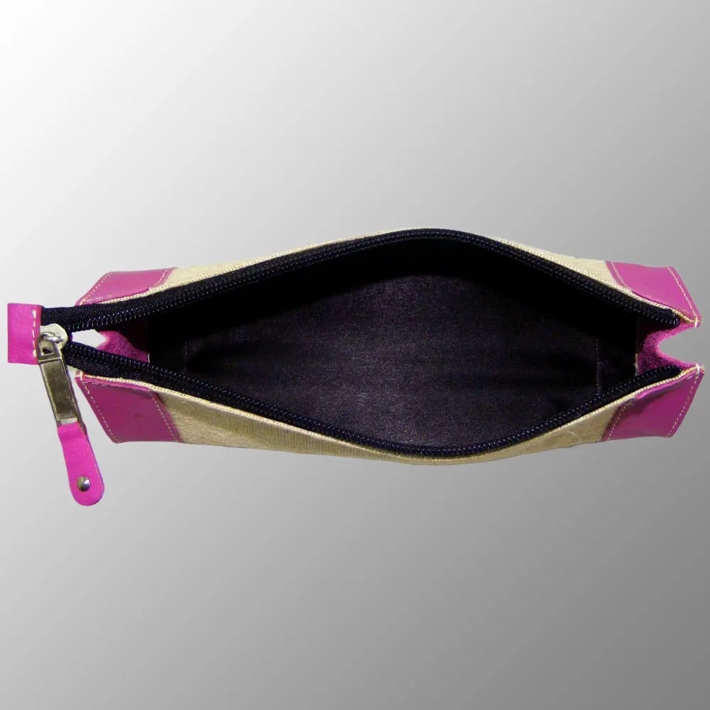 Custom Printed Jute Cotton Pencil Cases with Real Leather Trims