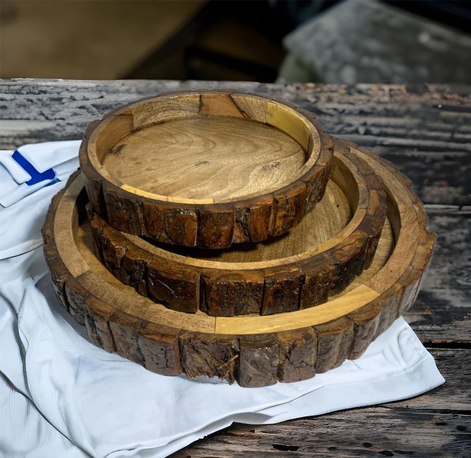 木制圆形托盘 (3件套) 树皮托盘圆形可堆叠咖啡茶几托盘，供应小吃 - Buy 存储托盘托盘木制托盘托盘木材上菜托盘早餐套餐托盘圆形木质托盘喝咖啡,餐厅酒店用品流浪狗服务托盘木质装饰托盘堆栈 ...