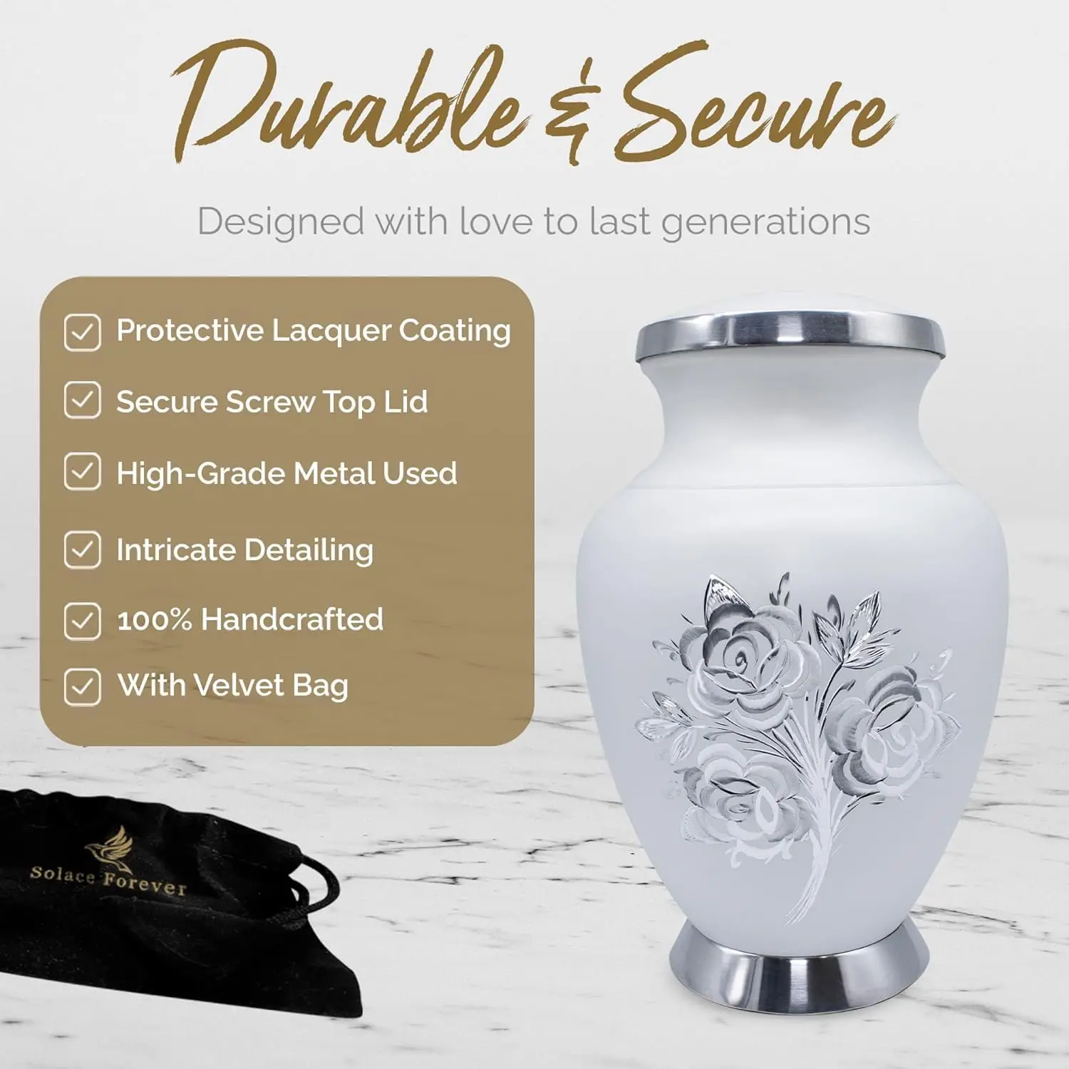 White Rose Urn - Large Cremation Urn For Human Ashes With Premium Bag ...