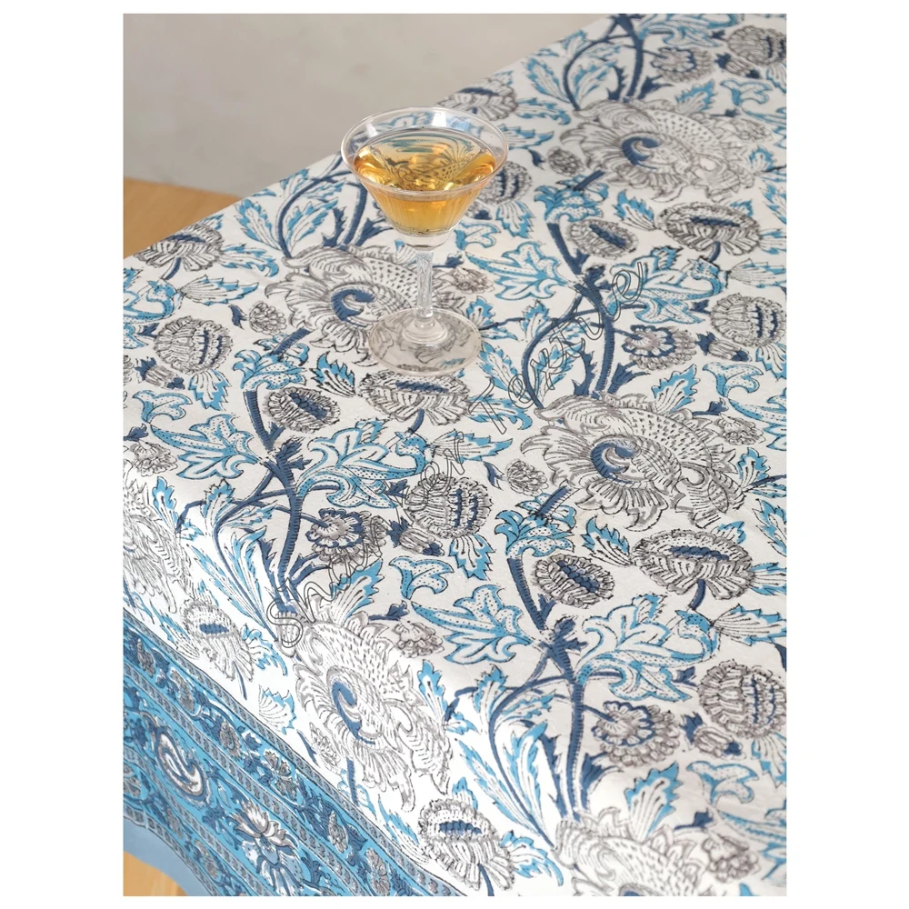 Elena Blue And Beige Color Table Cloth- Indian Handcrafted Cotton Table ...