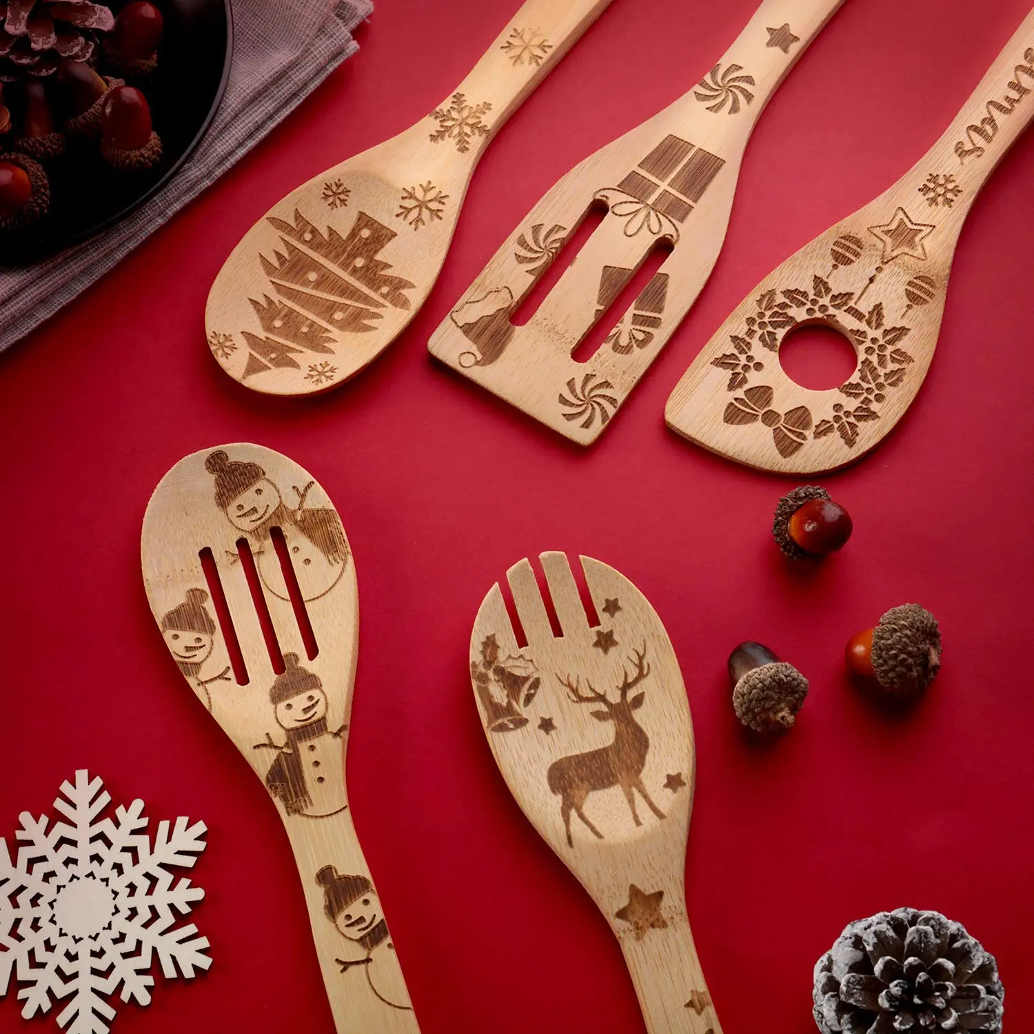 Christmas Wooden Spoons Set Burned Cooking Utensil Spoon Christmas ...