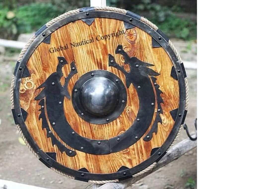 Medieval Heavy Battle Ready Rope Design Wooden Shield Steel Dragon ...