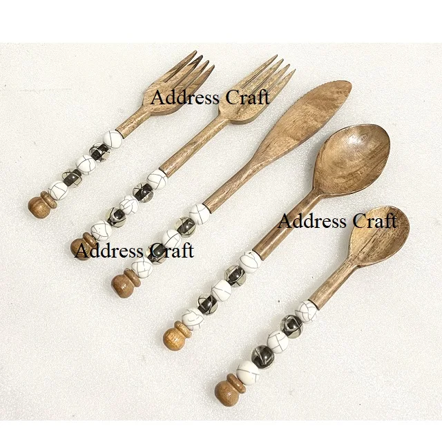 100% Natural Acacia Wood Cutlery Set With Resin Handle Vintage Style ...