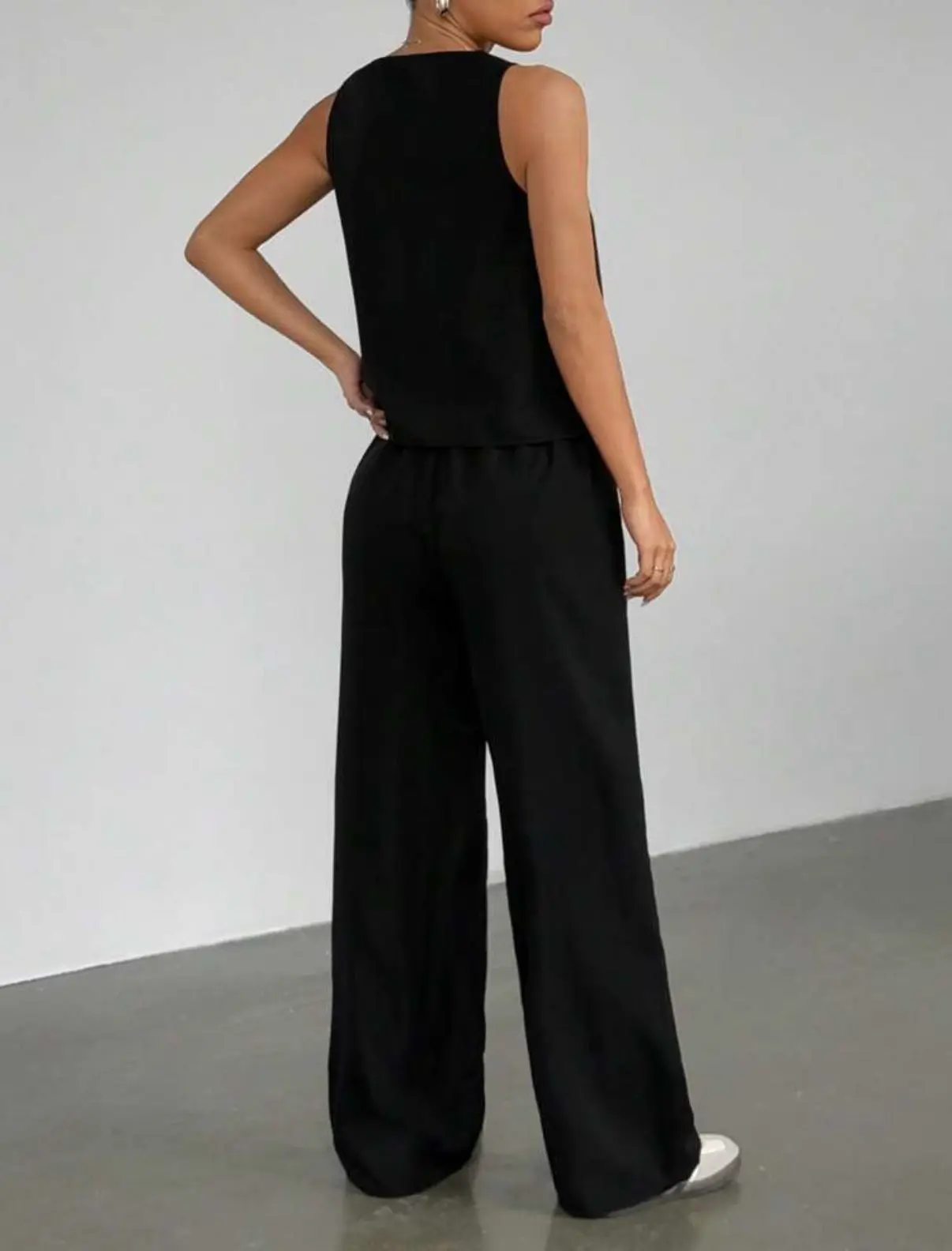 Women's Black Korean Style Co-ord Set Plain Dyed Knitting Top Woven ...