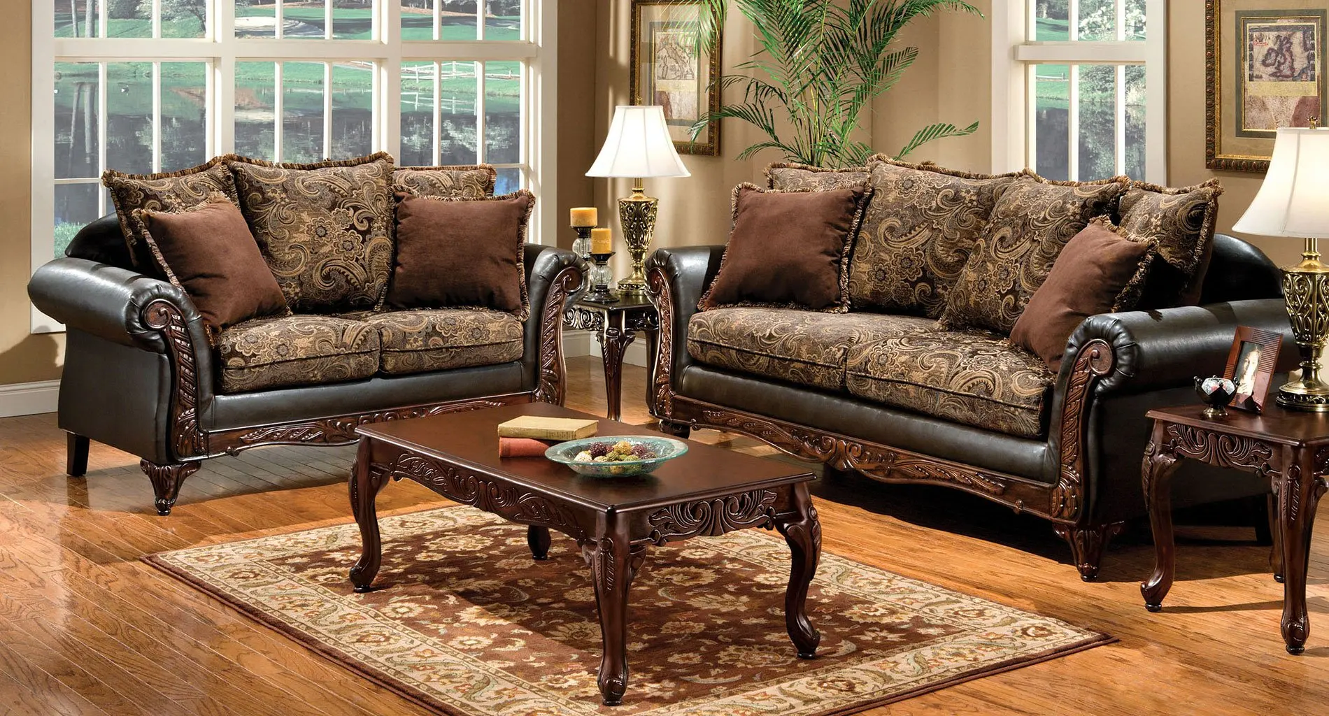 Jessica Teak Wood Living Room Set with Carvings, Classic Brown Finish ...