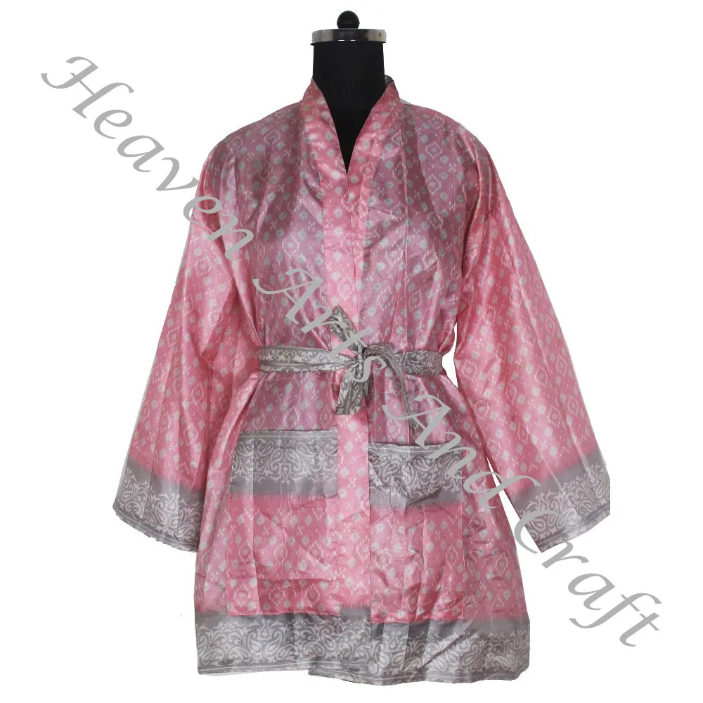 KS013 Bohemian Summer Vintage Sari Kimono Short Wrap Dress Sleeve Silk ...