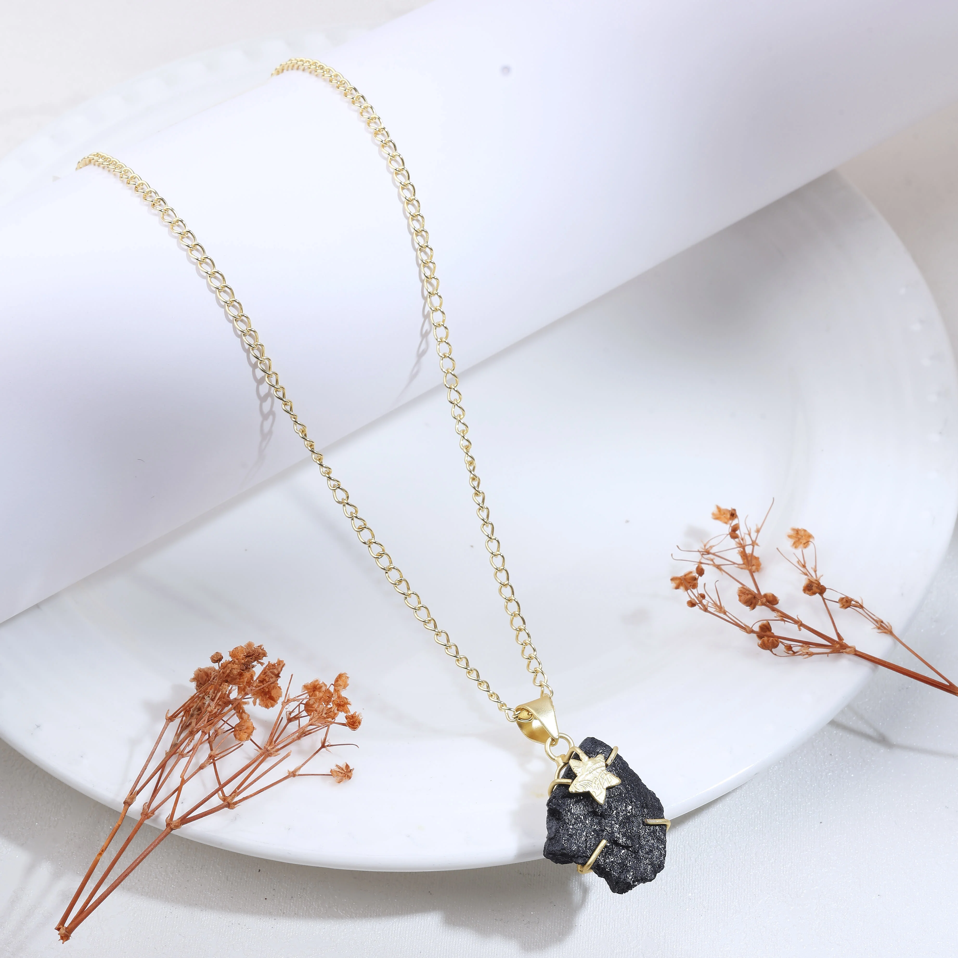 Handcrafted Gold Plated Brass Black Tourmaline Pendant Necklace for ...