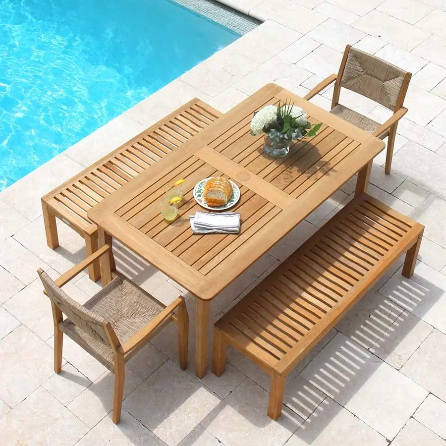 Outdoor Picnic Rectangular Dining Table And Bench Solid Teak Wood ...