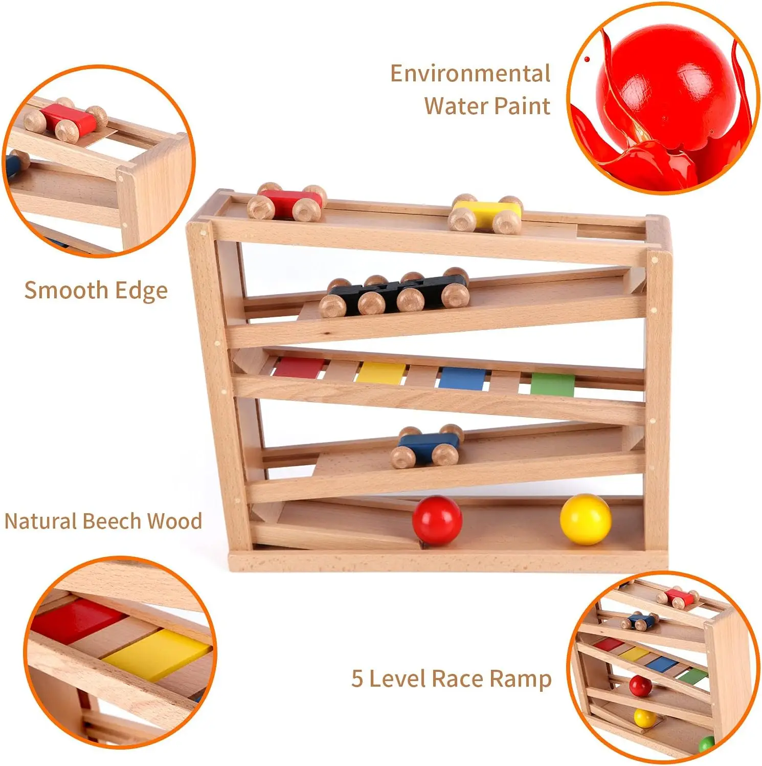 Wooden Race Track Car Ramp Racer Toy for Toddlers - 5 Levels