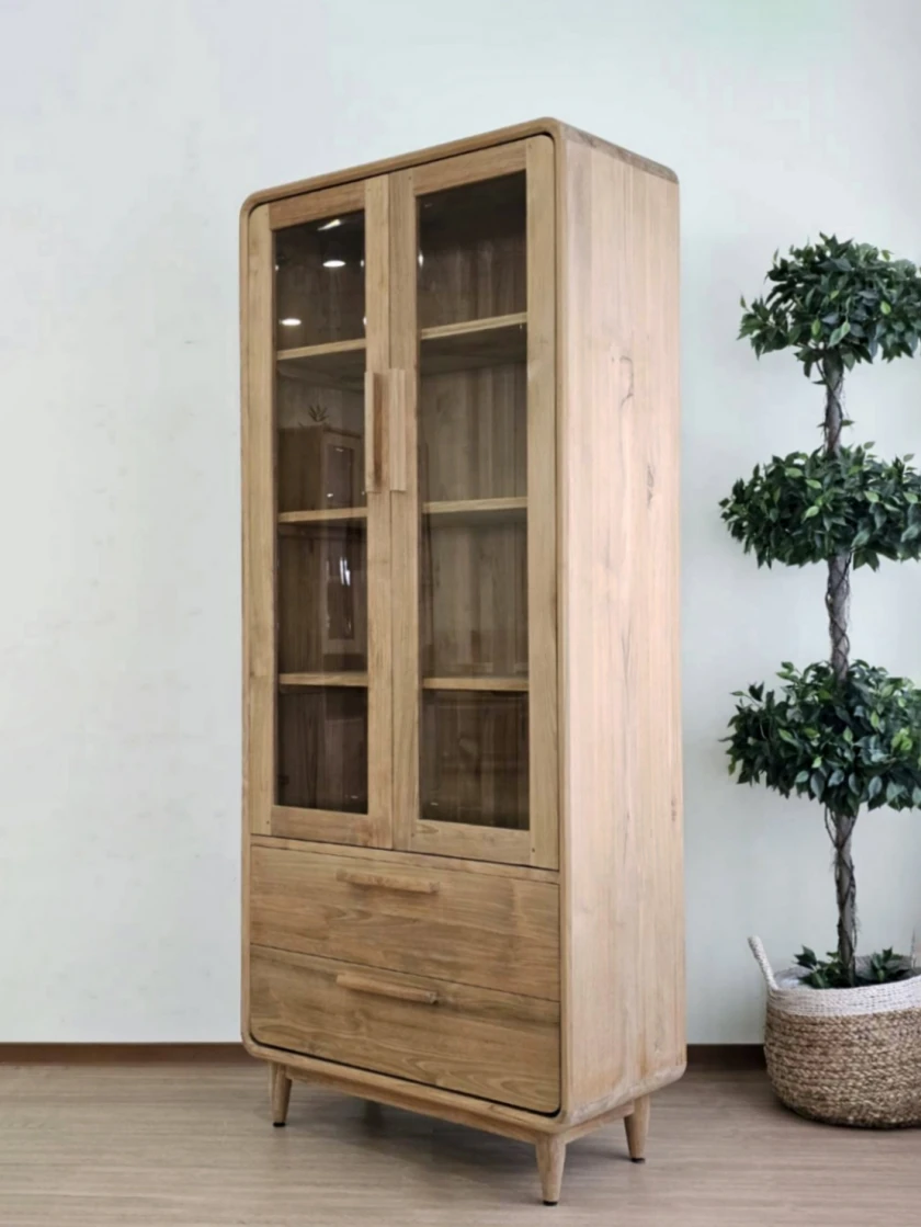 Plantation Teak Wood Display Cabinet With Glass Door Book And Drawers ...