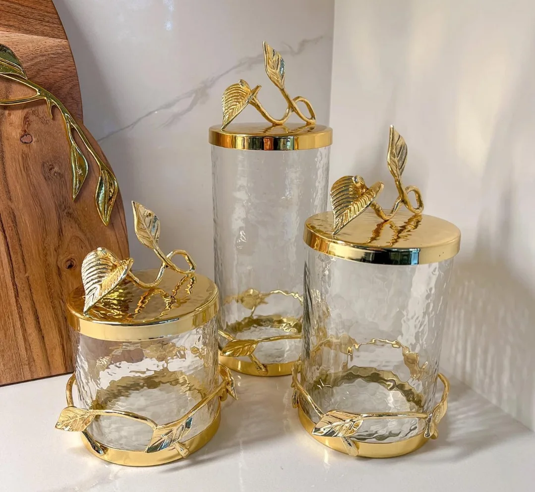 Luxury Decorative Gold Platted New Leaf Design With Metal Lid Hammered ...