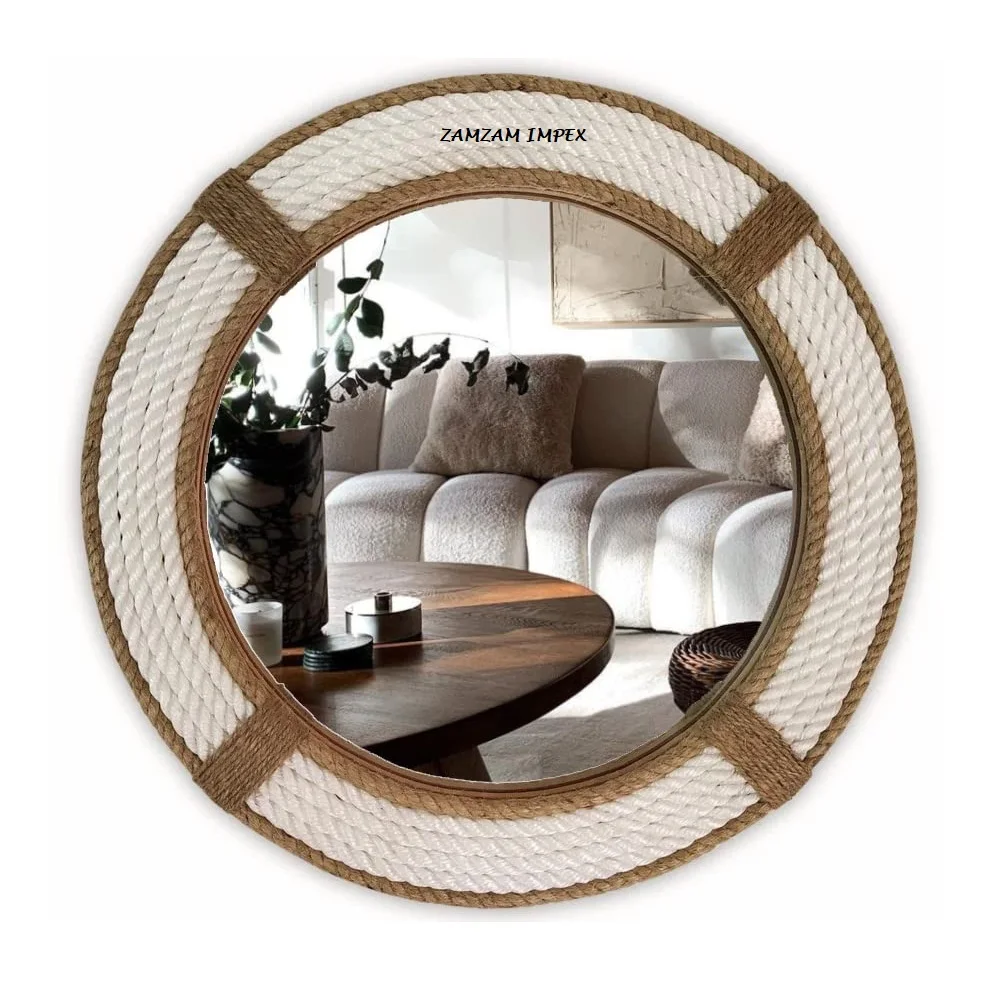 Nautical Coastal Round Mirror with Rustic Frame and Hanging Rope Wall ...