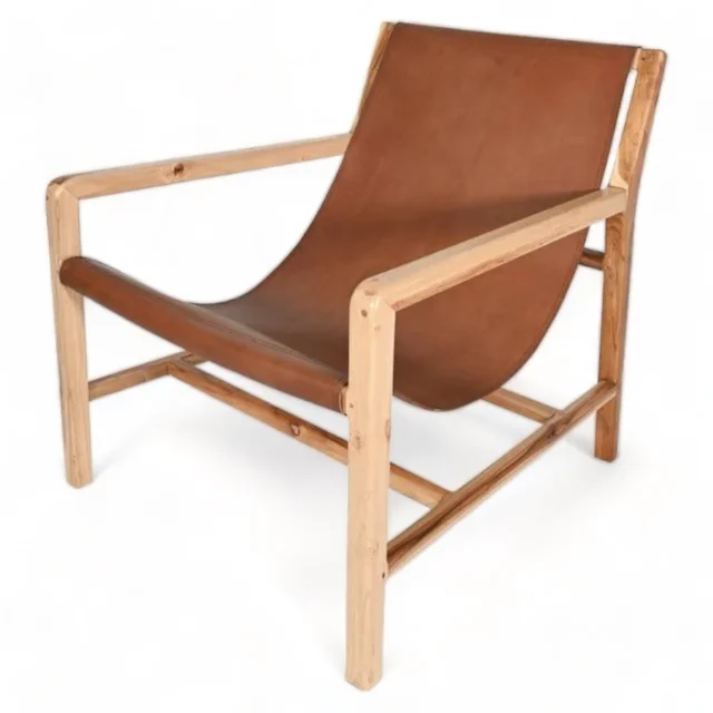 Natural Solid Wood Lazy Susan Chair Teak Leisure Lounge with Leather ...