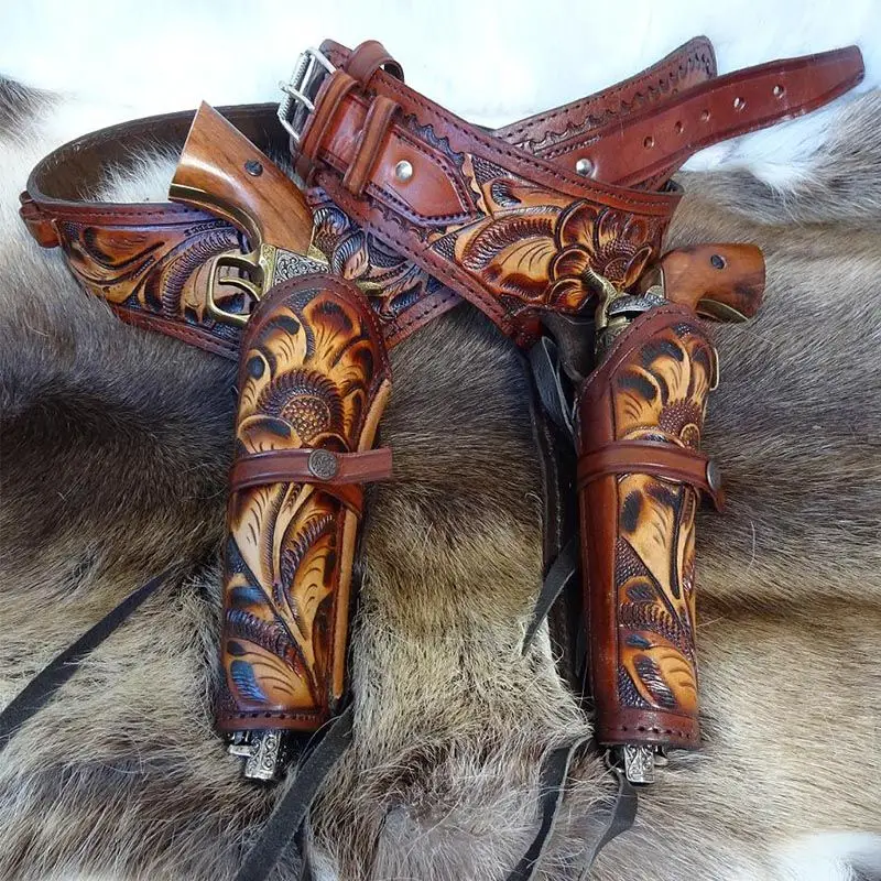 Premium Full Grain Tooled Leather Western Gun Belt & Holster